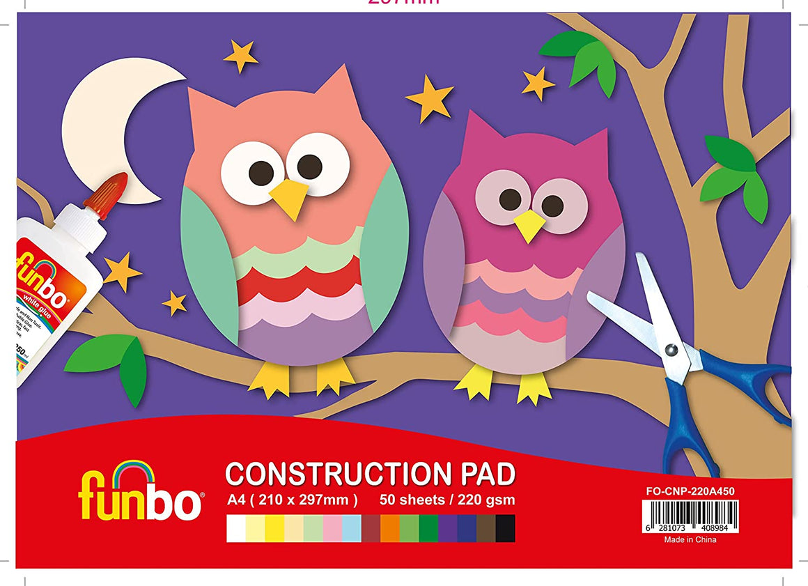 Funbo Construction Pad 220gsm, A4,50 sheets, 15 assorted colours ...